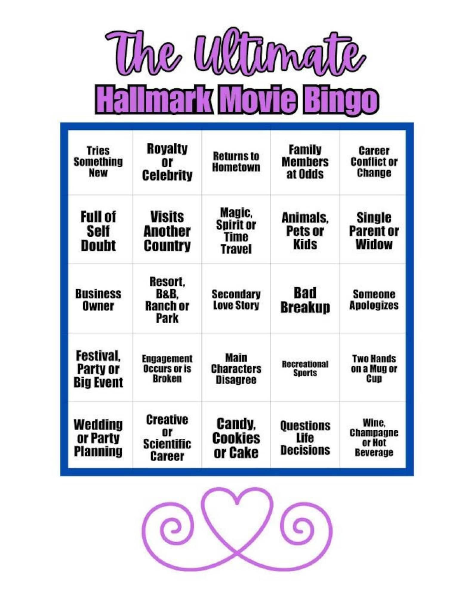 Hallmark Movie Bingo Cards, Generic Hallmark Movie Bingo, Hallmark ...