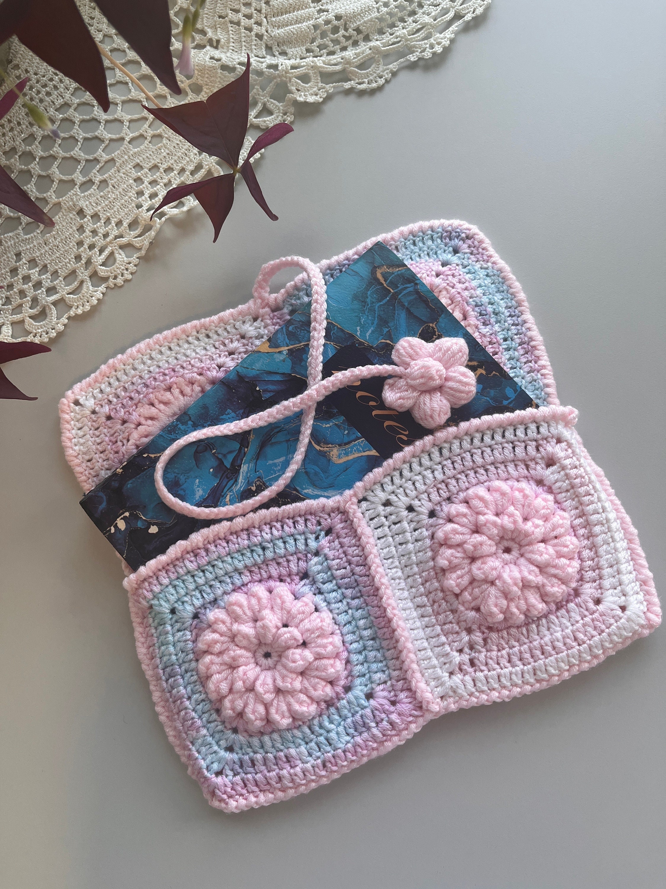Crochet Book Cover, Crochet Granny Square Book Pouch Handmade Book ...