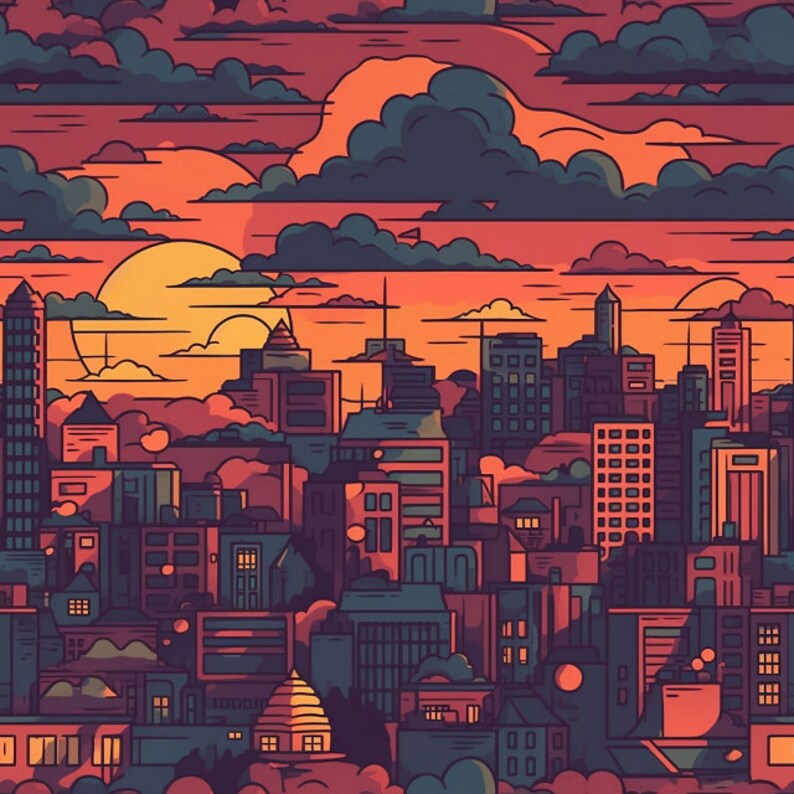 Cartoon City Skyline Sunset - Etsy