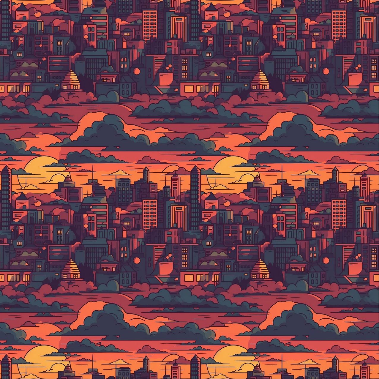 Cartoon City Skyline Sunset - Etsy
