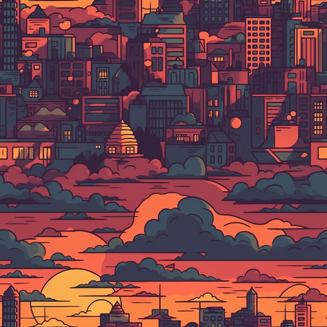 Cartoon City Skyline Sunset - Etsy