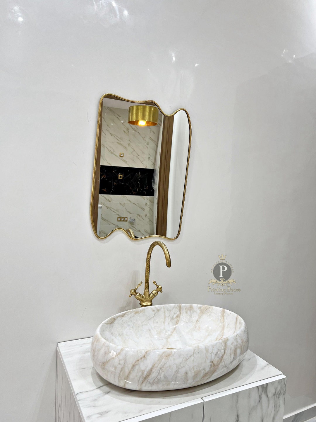 Asymmetrical Wavy Rectangle Mirror, Italian Curved Antiqued Brass ...