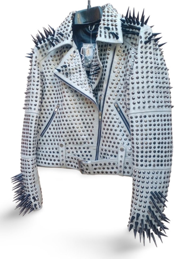 Men's Handmade Studded Cowhide Leather Jacket, Silver With Black Spikes ...