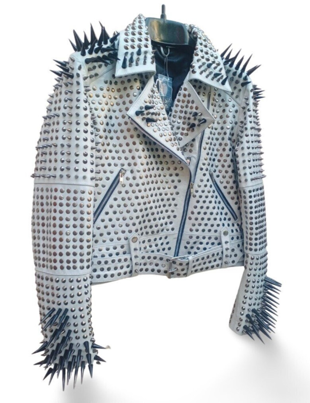 Men's Handmade Studded Cowhide Leather Jacket, Silver With Black Spikes ...