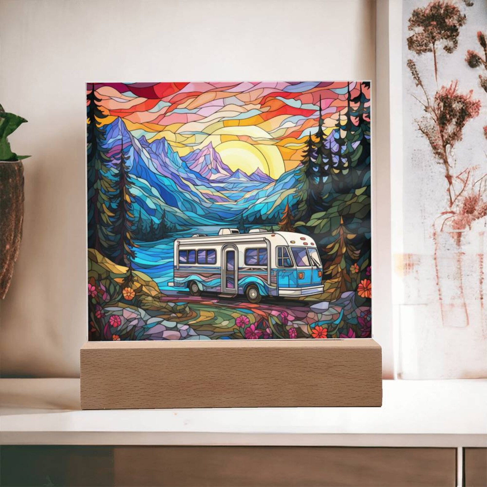 RV Van in Beautiful Landscape Artwork Faux Stained Glass Acrylic Plaque ...