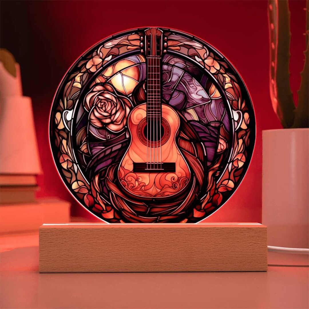 Guitar Floral Faux Stained Glass Circle Acrylic Plaque Gift for ...