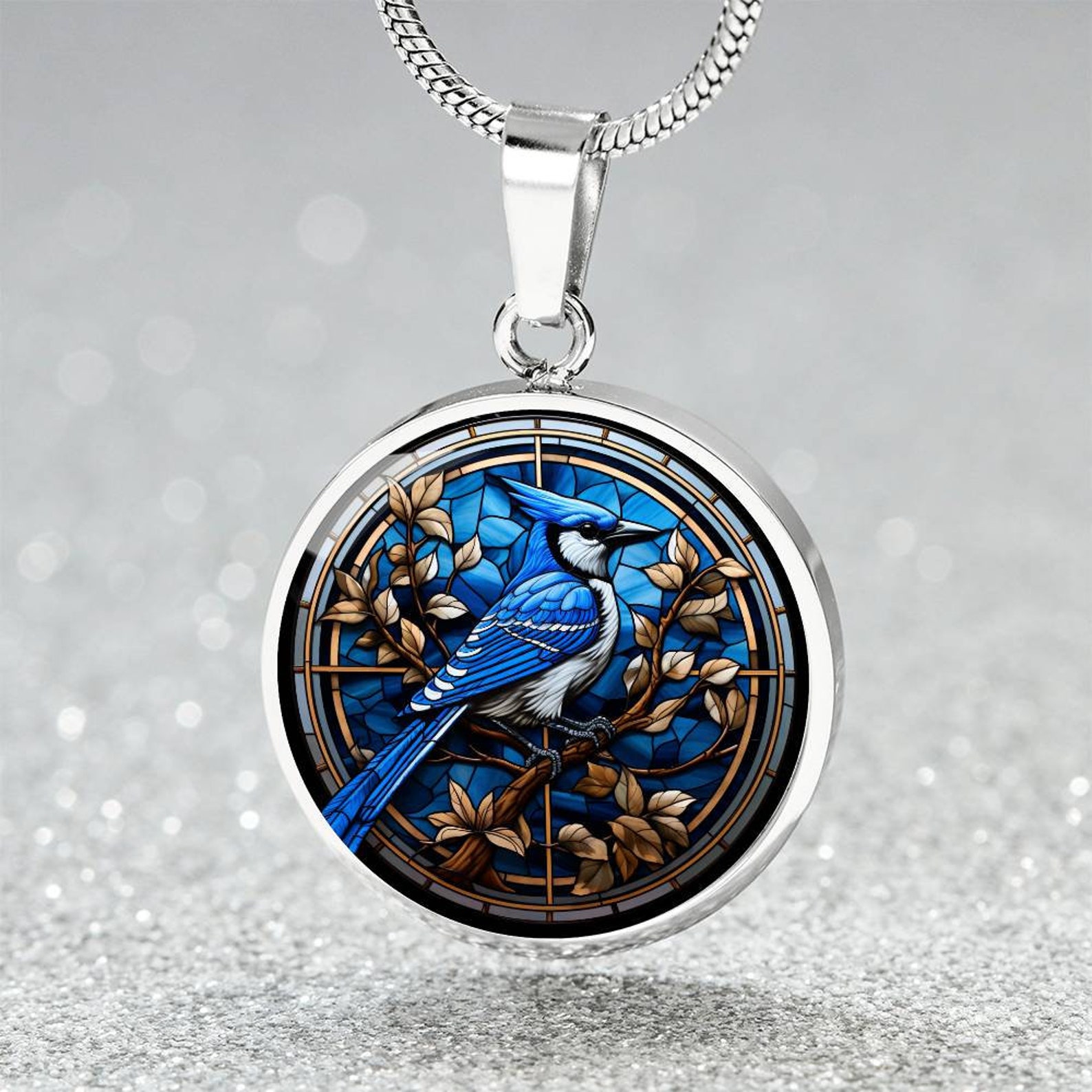 Blue Jay Faux Stained Glass Personalized Pendant Gift for Bird Lover ...