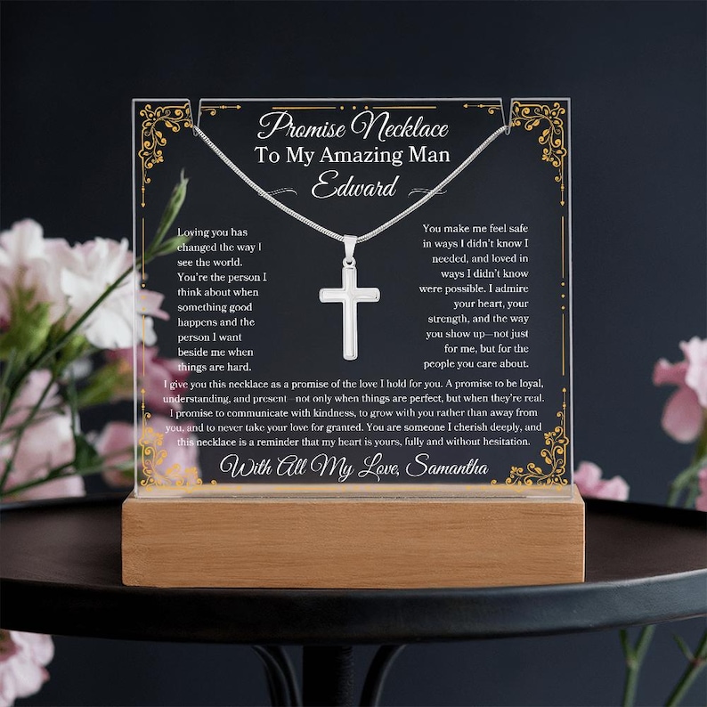 Personalized Cross Necklace & Acrylic Plaque Gift Set, Promise Necklace ...