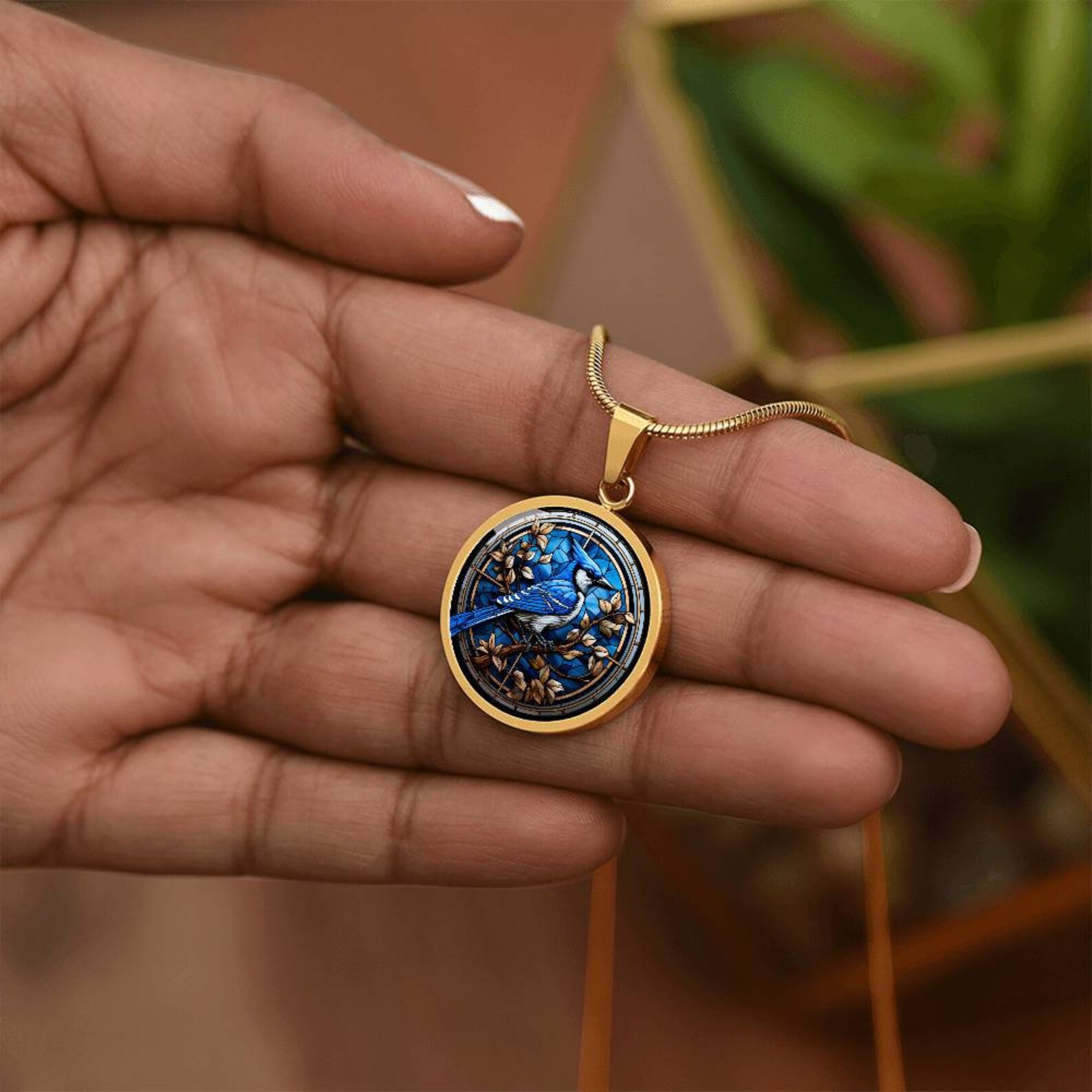 Blue Jay Faux Stained Glass Personalized Pendant Gift for Bird Lover ...