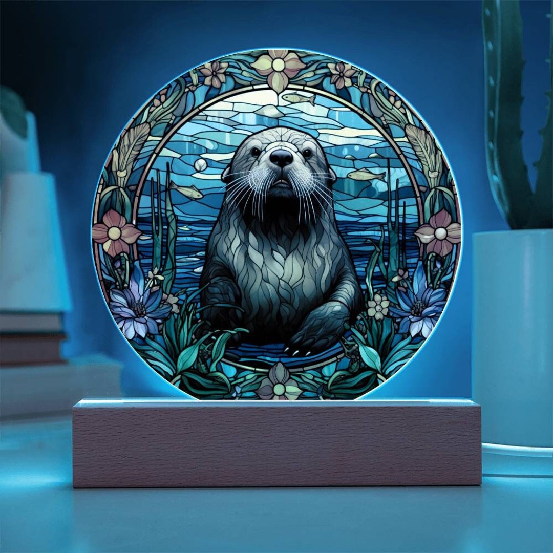 Sea Otter Faux Stained Glass Circle LED Plaque Gift for Animal Lover ...