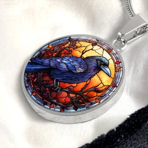 Raven Bird Faux Stained Glass Personalized Pendant Necklace Gift for ...