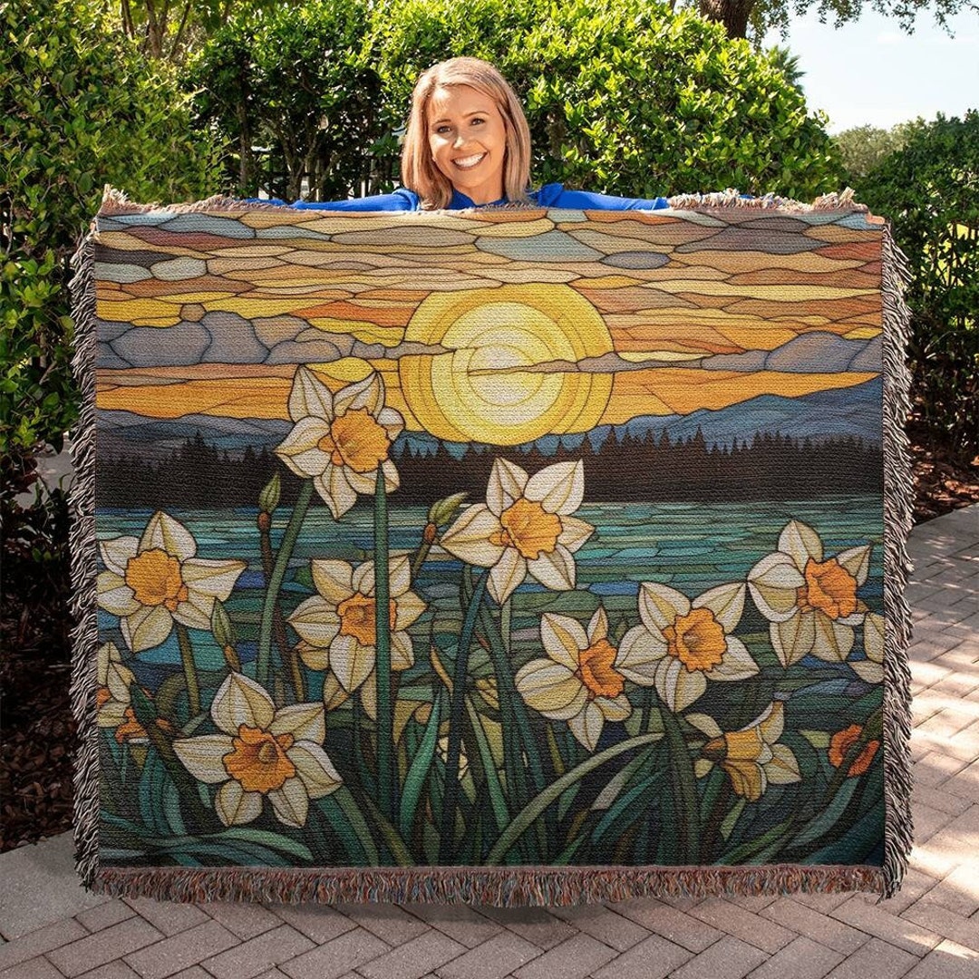 Field of Daffodil March Birth Flower Faux Stained Glass Heirloom Woven ...
