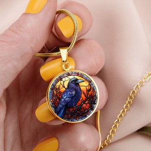 Raven Bird Faux Stained Glass Personalized Pendant Necklace Gift for ...