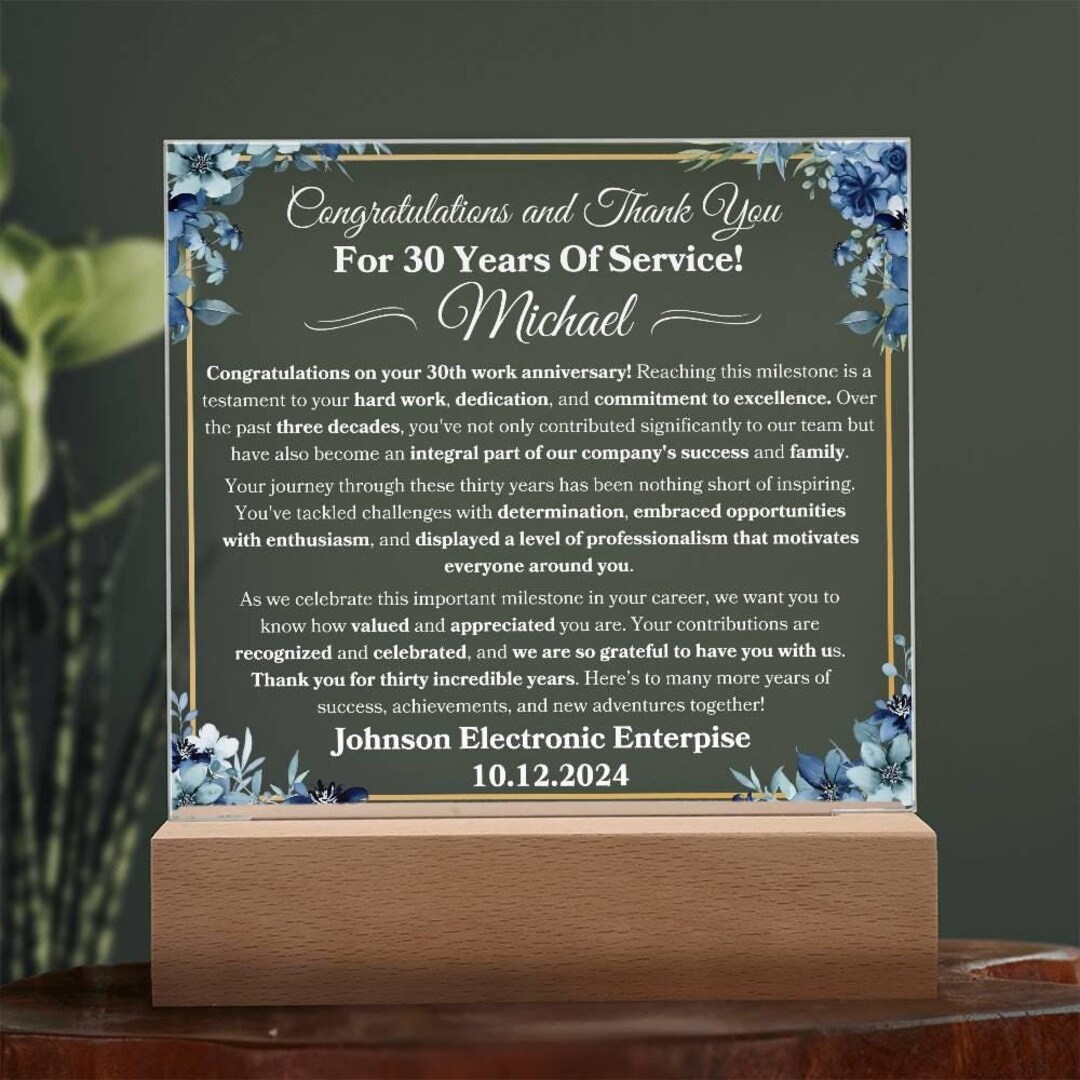 30th Work Anniversary Gift for Coworker Personalized LED Plaque for Thirtieth Anniversary Gift ...