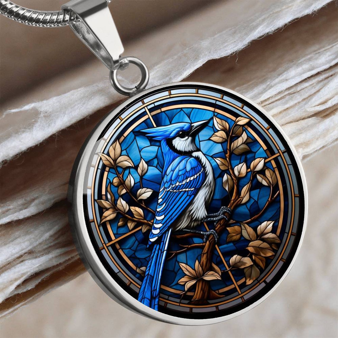 Blue Jay Faux Stained Glass Personalized Pendant Gift for Bird Lover ...