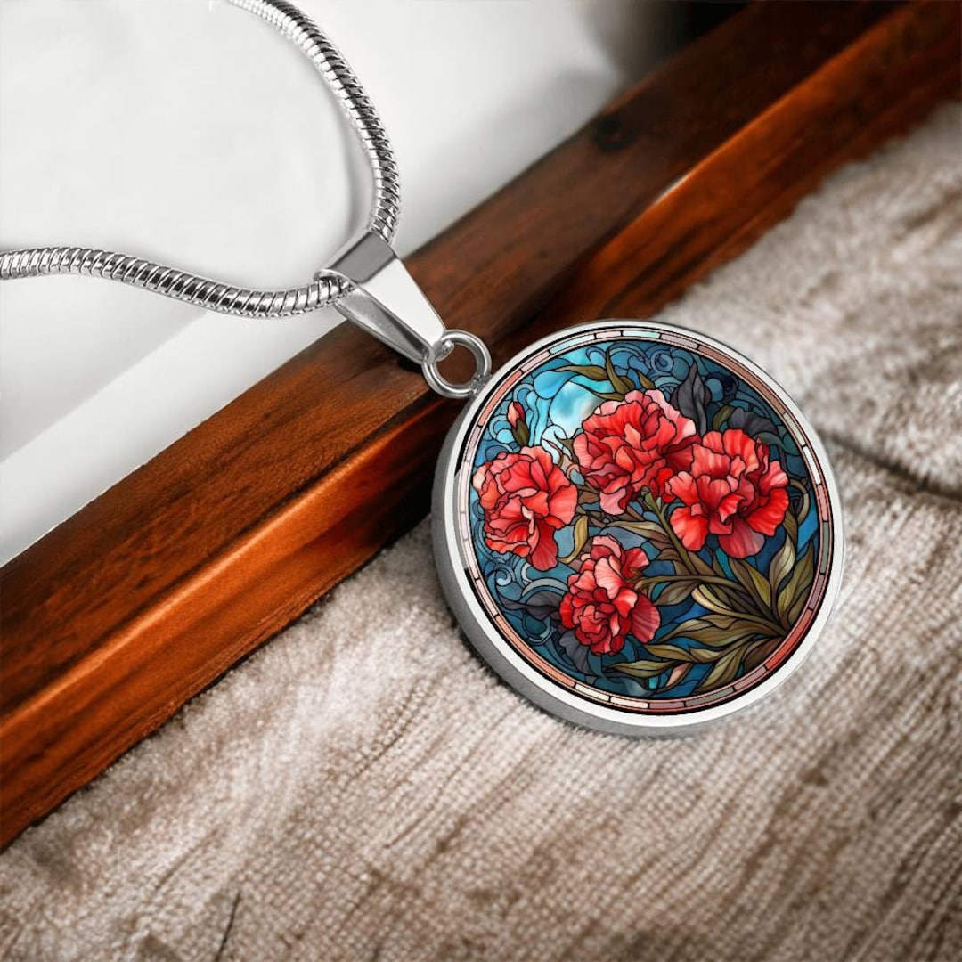 Carnation Faux Stained Glass January Birth Flower Personalized Pendant ...