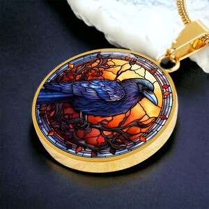 Raven Bird Faux Stained Glass Personalized Pendant Necklace Gift for ...