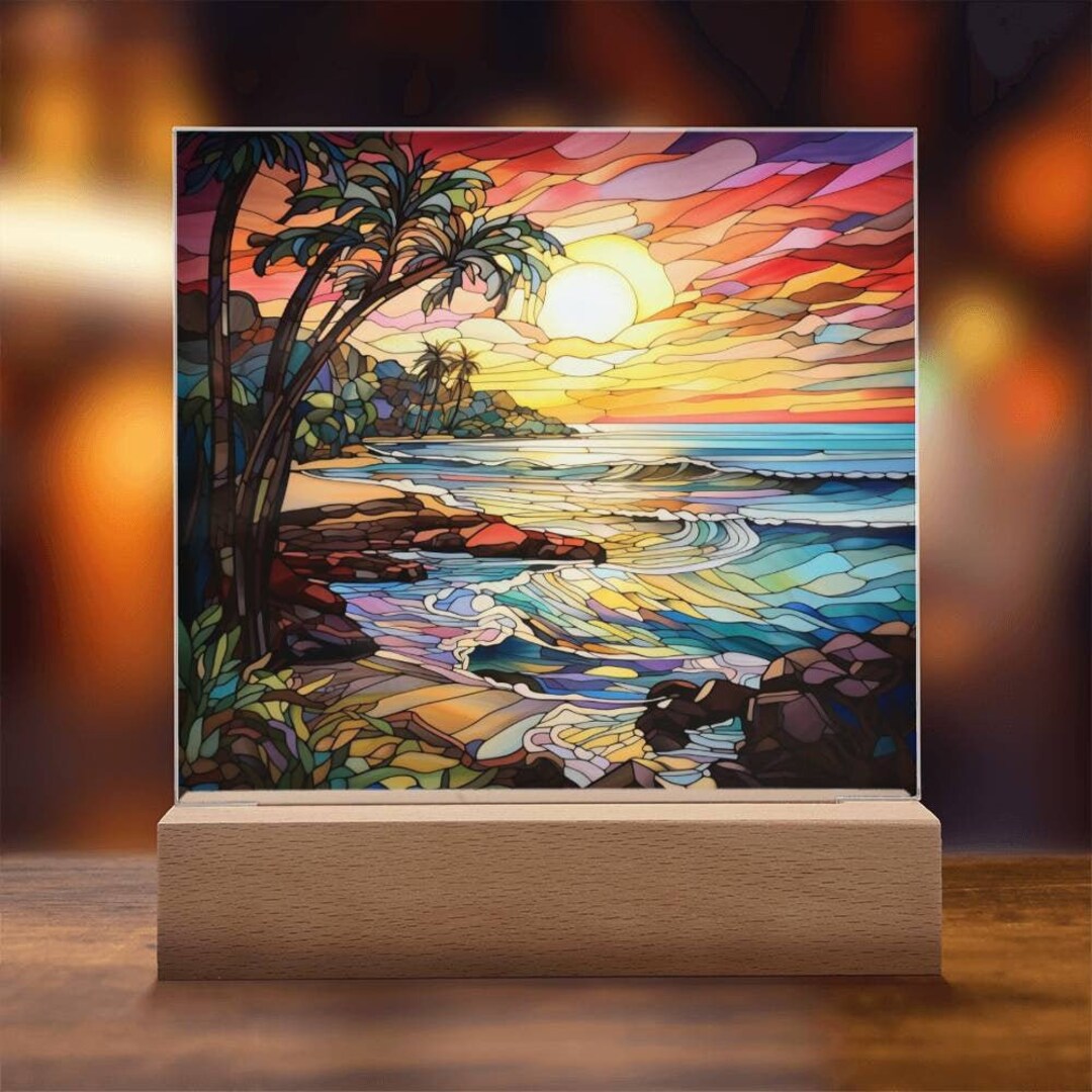 Sunset at an Island on the Ocean Stained Glass Acrylic Plaque Beach ...