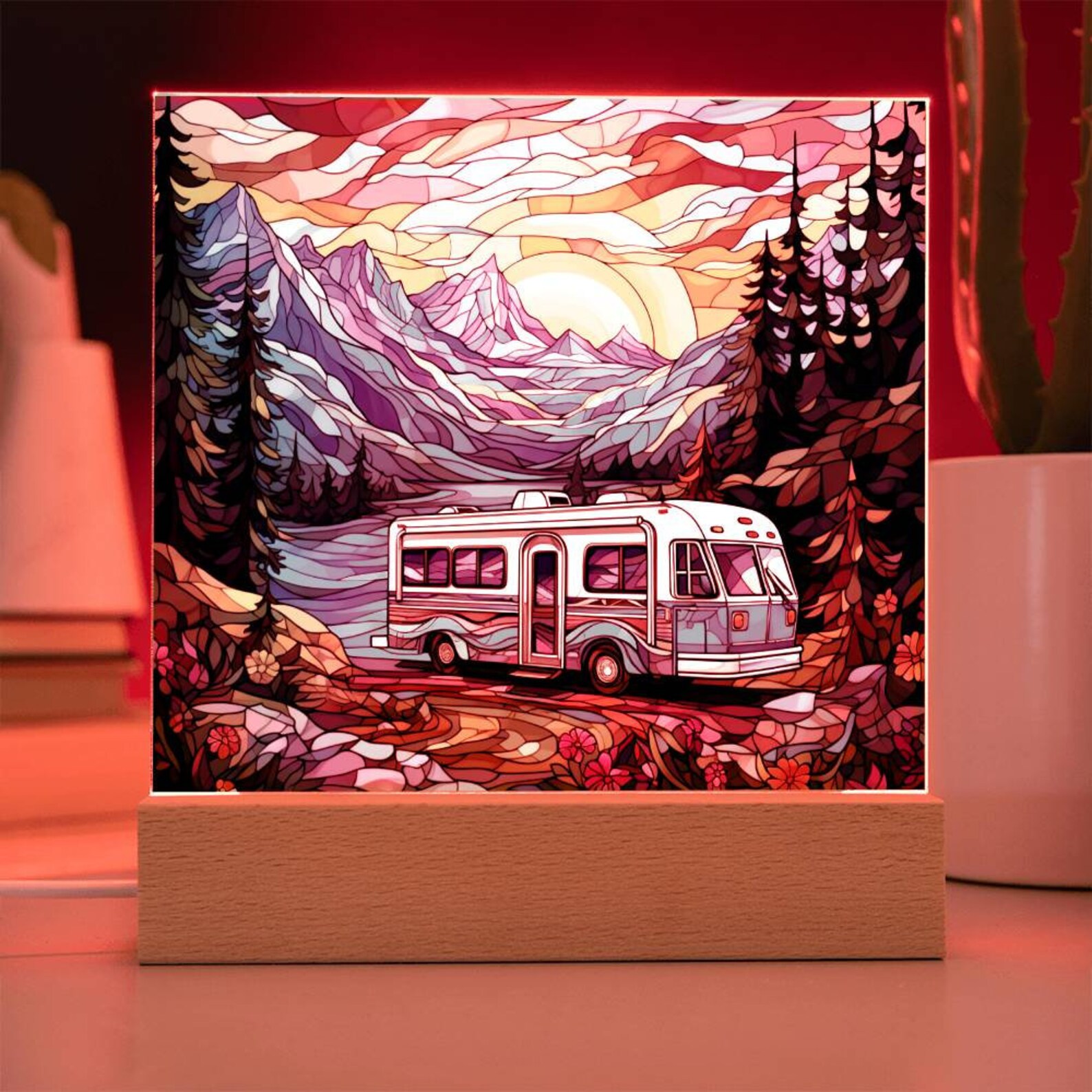RV Van in Beautiful Landscape Artwork Faux Stained Glass Acrylic Plaque ...