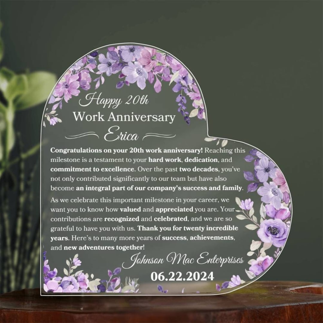 20th Work Anniversary Gift Personalized Plaque for 20 Year Work ...