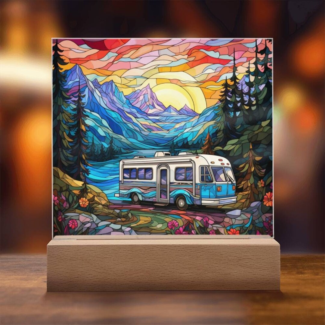 RV Van in Beautiful Landscape Artwork Faux Stained Glass Acrylic Plaque ...
