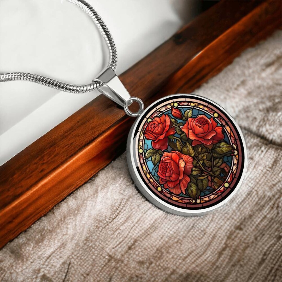 Rose June Birth Flower Faux Stained Glass Personalized Pendant Necklace ...
