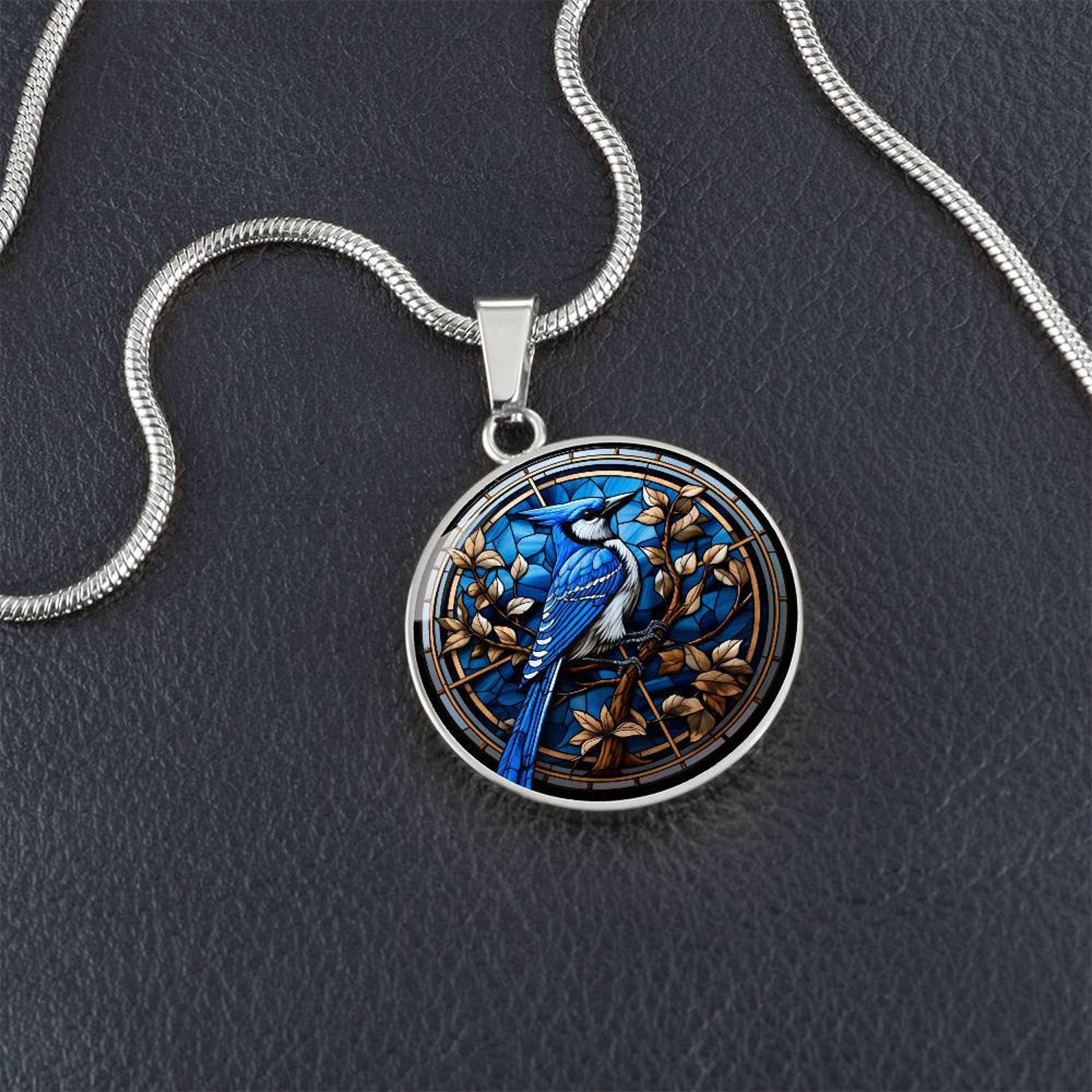 Blue Jay Faux Stained Glass Personalized Pendant Gift for Bird Lover ...