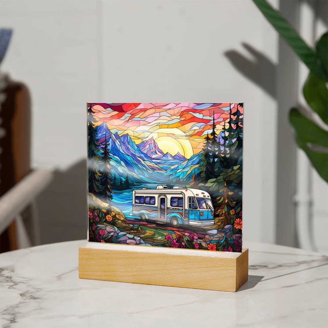 RV Van in Beautiful Landscape Artwork Faux Stained Glass Acrylic Plaque ...