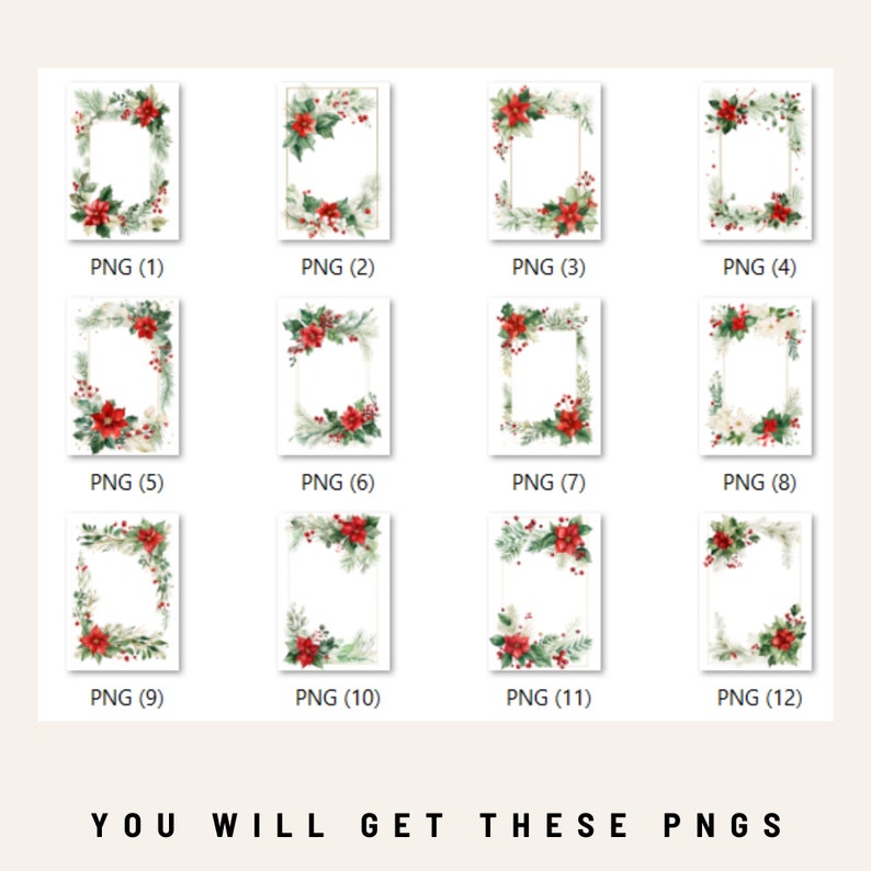 12 PNG Winter Floral Frame Clipart, Watercolor Christmas Frame Clipart ...