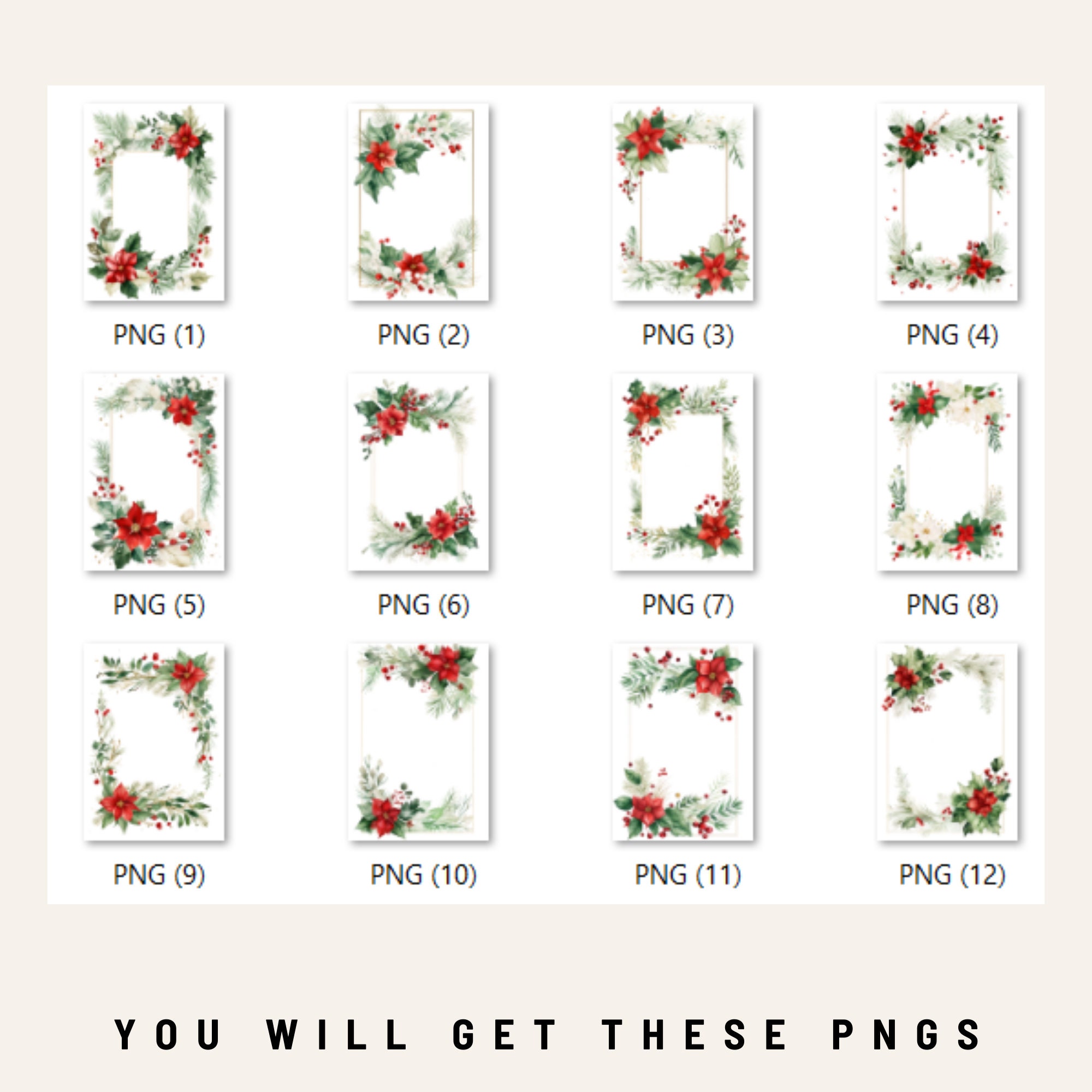 12 PNG Winter Floral Frame Clipart, Watercolor Christmas Frame Clipart ...
