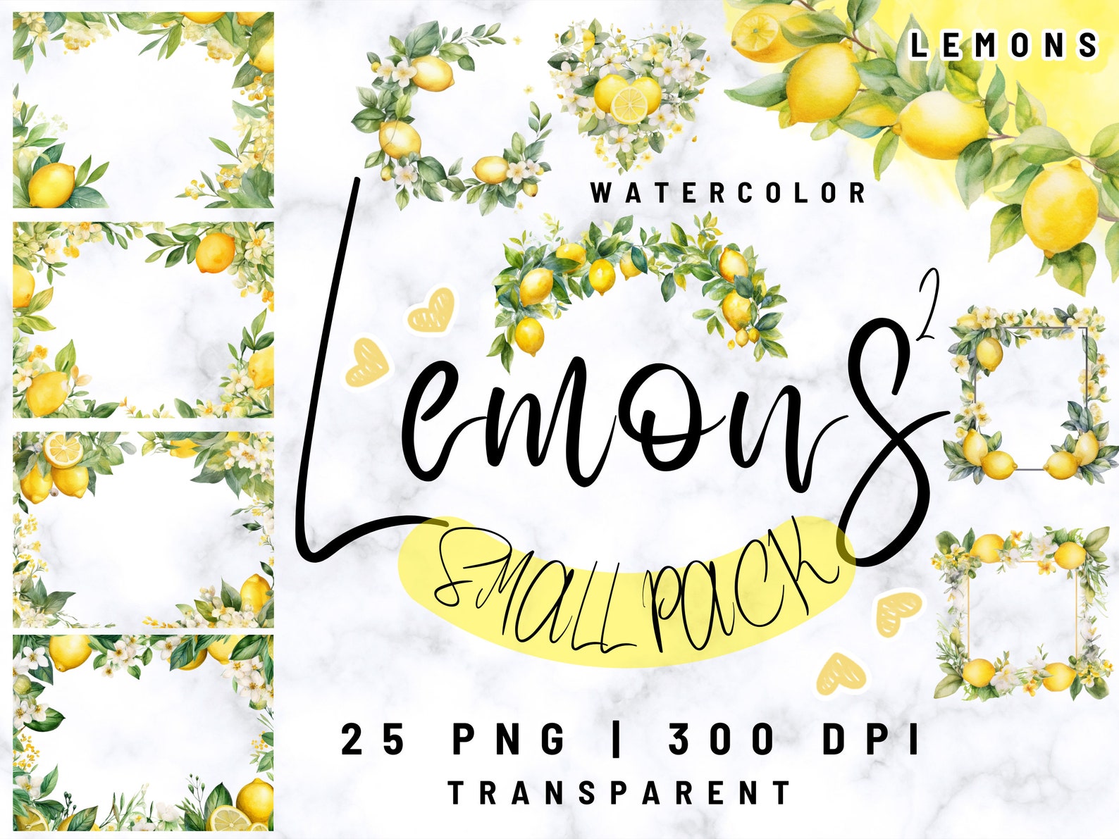 Watercolor Lemon Frames Png Lemon Clipart Bundle Watercolor Lemons ...