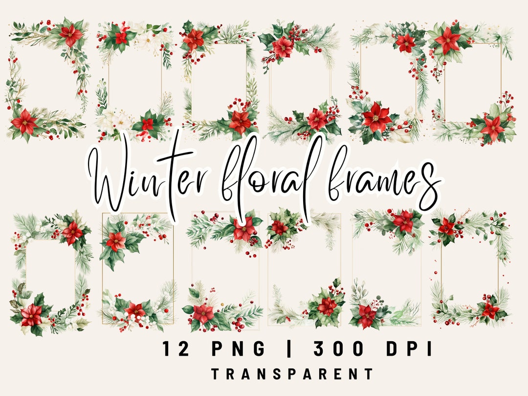 12 PNG Winter Floral Frame Clipart, Watercolor Christmas Frame Clipart ...