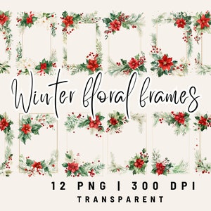 12 PNG Winter Floral Frame Clipart, Watercolor Christmas Frame Clipart ...