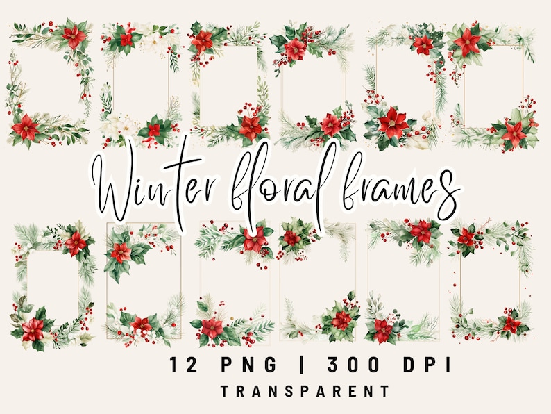 12 PNG Winter Floral Frame Clipart, Watercolor Christmas Frame Clipart ...