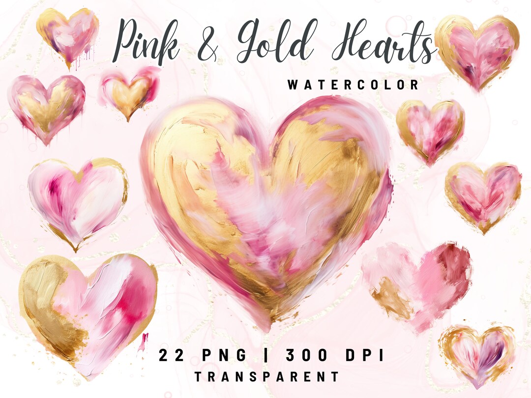 Pink Gold Hearts Watercolor Clipart, Watercolor Heart PNG, Valentine ...