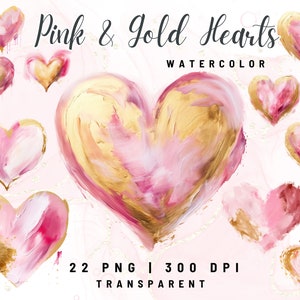 Pink Gold Hearts Watercolor Clipart, Watercolor Heart PNG, Valentine ...