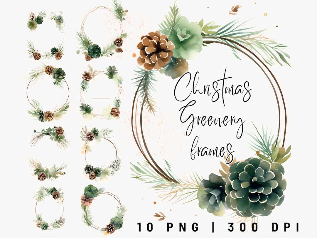 10 PNG Watercolor Christmas Greenery Frames Borders Clipart, Winter ...