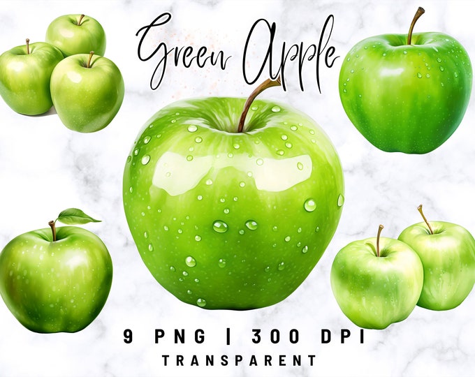 Cute Green Apple Clipart | 10 High-quality Jpgs | Adorable Green Apple ...