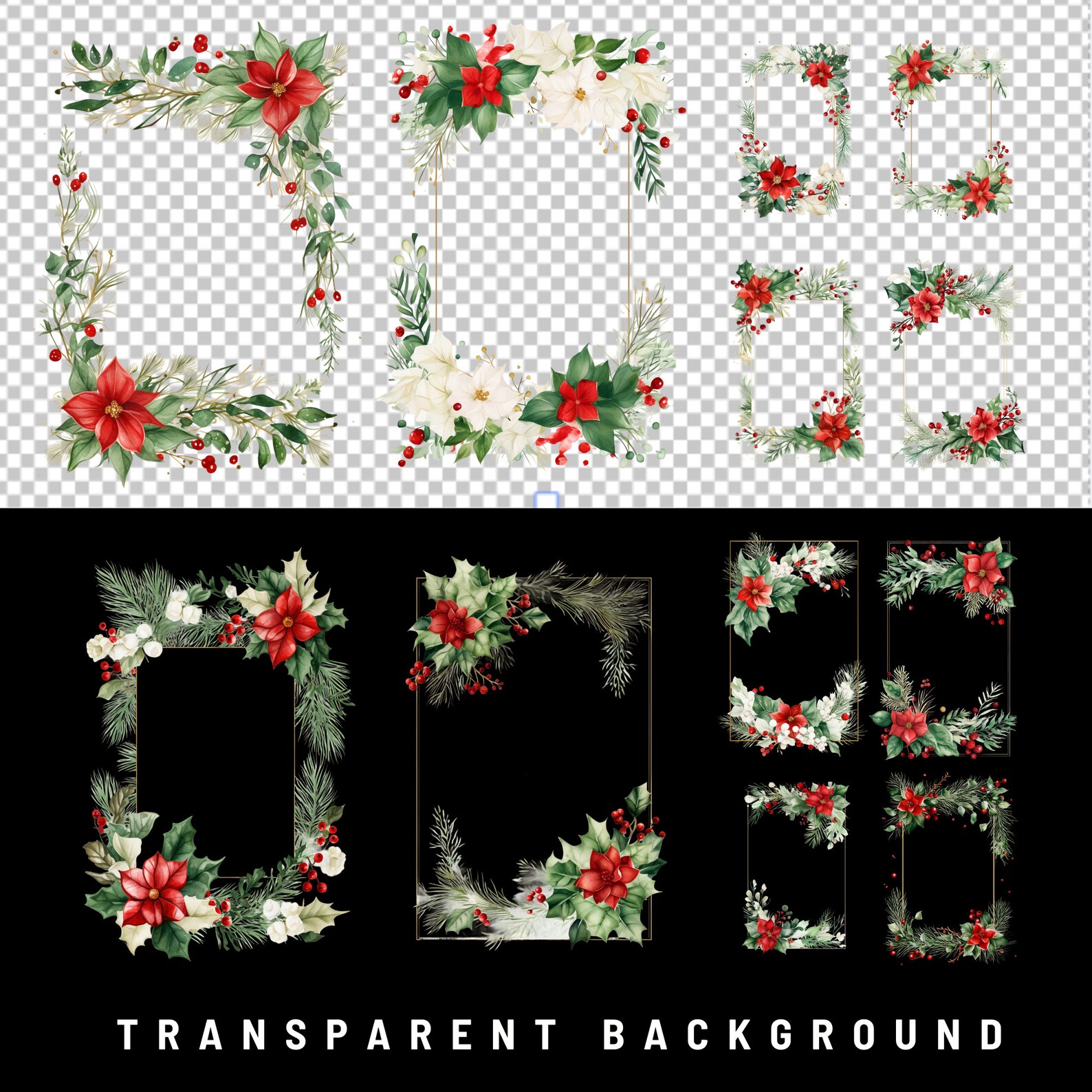 12 PNG Winter Floral Frame Clipart, Watercolor Christmas Frame Clipart ...