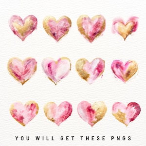 Pink Gold Hearts Watercolor Clipart, Watercolor Heart PNG, Valentine ...