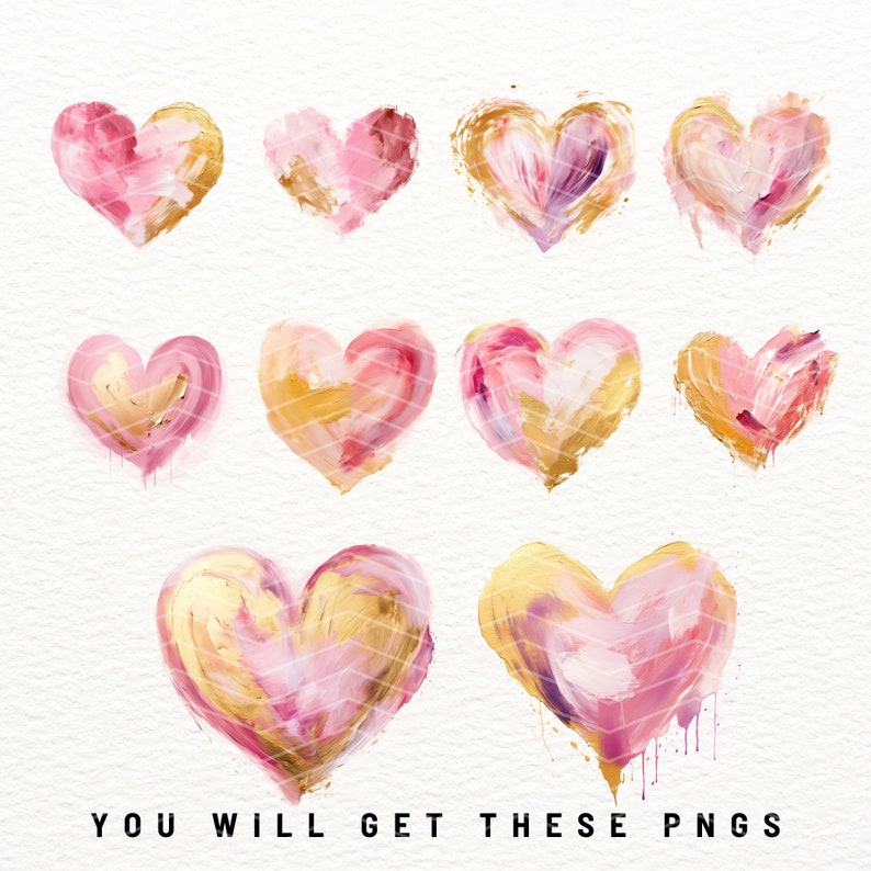 Pink Gold Hearts Watercolor Clipart, Watercolor Heart PNG, Valentine ...
