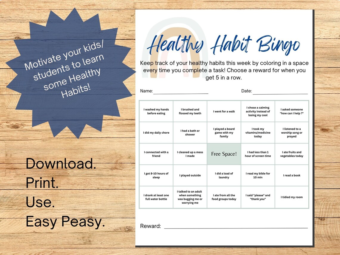 Healthy Habit Bingo Printable Health Tracker for Kids - Etsy