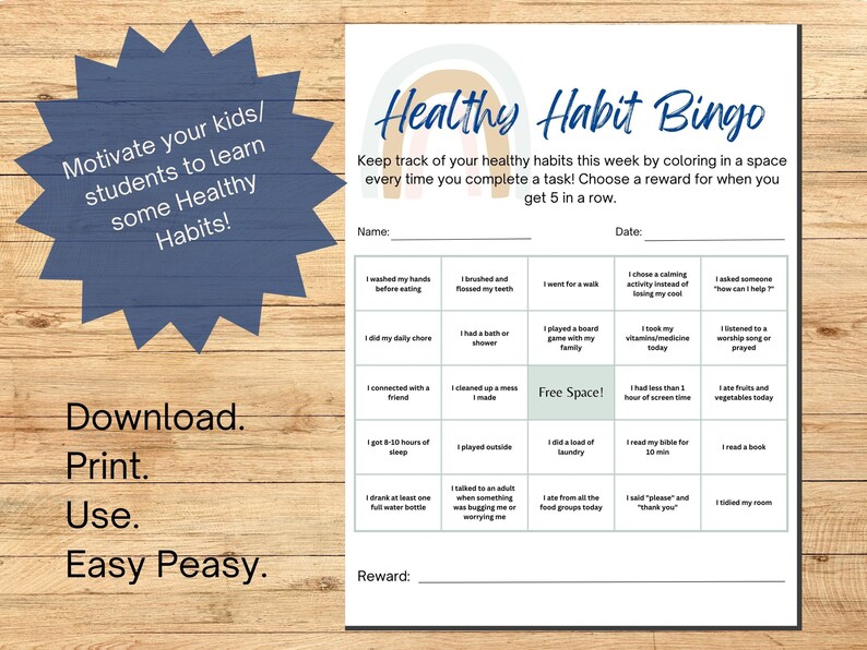 Healthy Habit Bingo Printable Health Tracker for Kids - Etsy