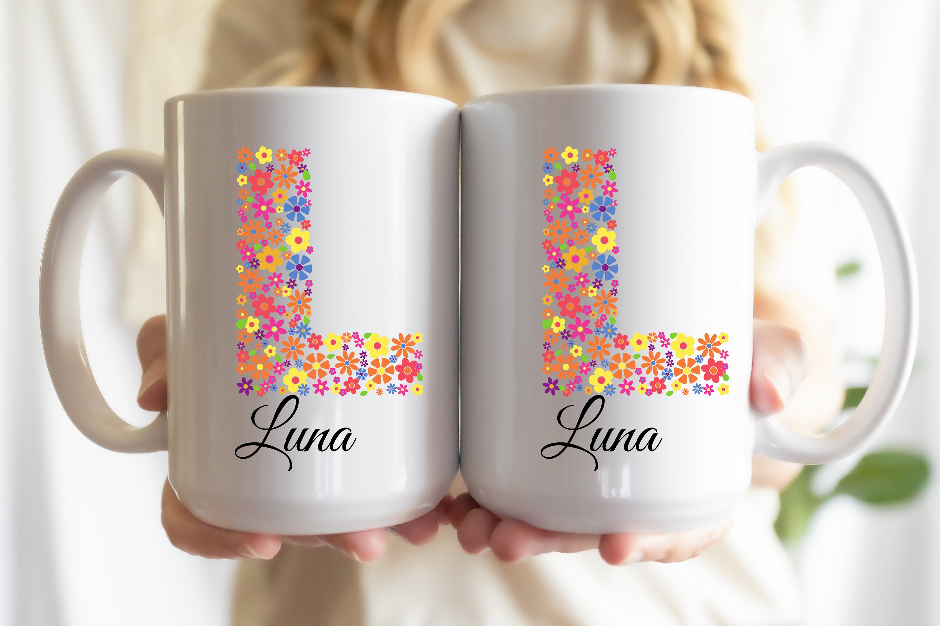 Name Mug, Initial Letter Mug, 15 Oz 11, Floral Alphabet Mug ...