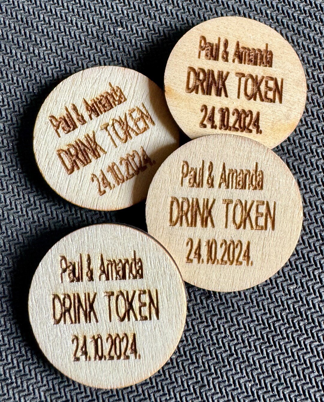50 Personalised Engraved Wood DRINK TOKEN Any Name & Any Date ...