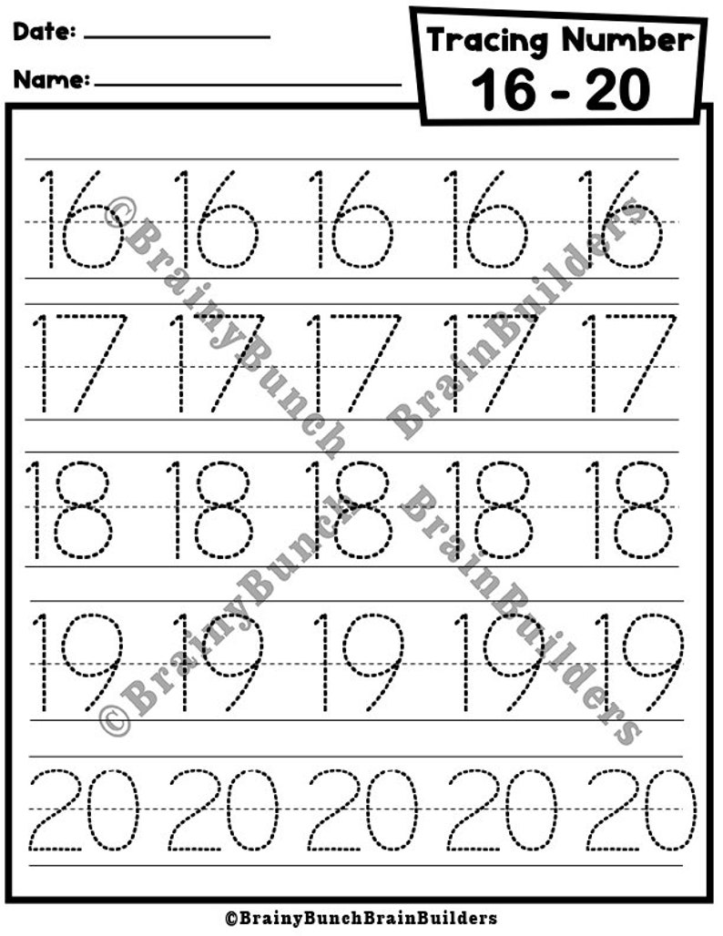 Number Tracing Worksheets 1-20 - Etsy