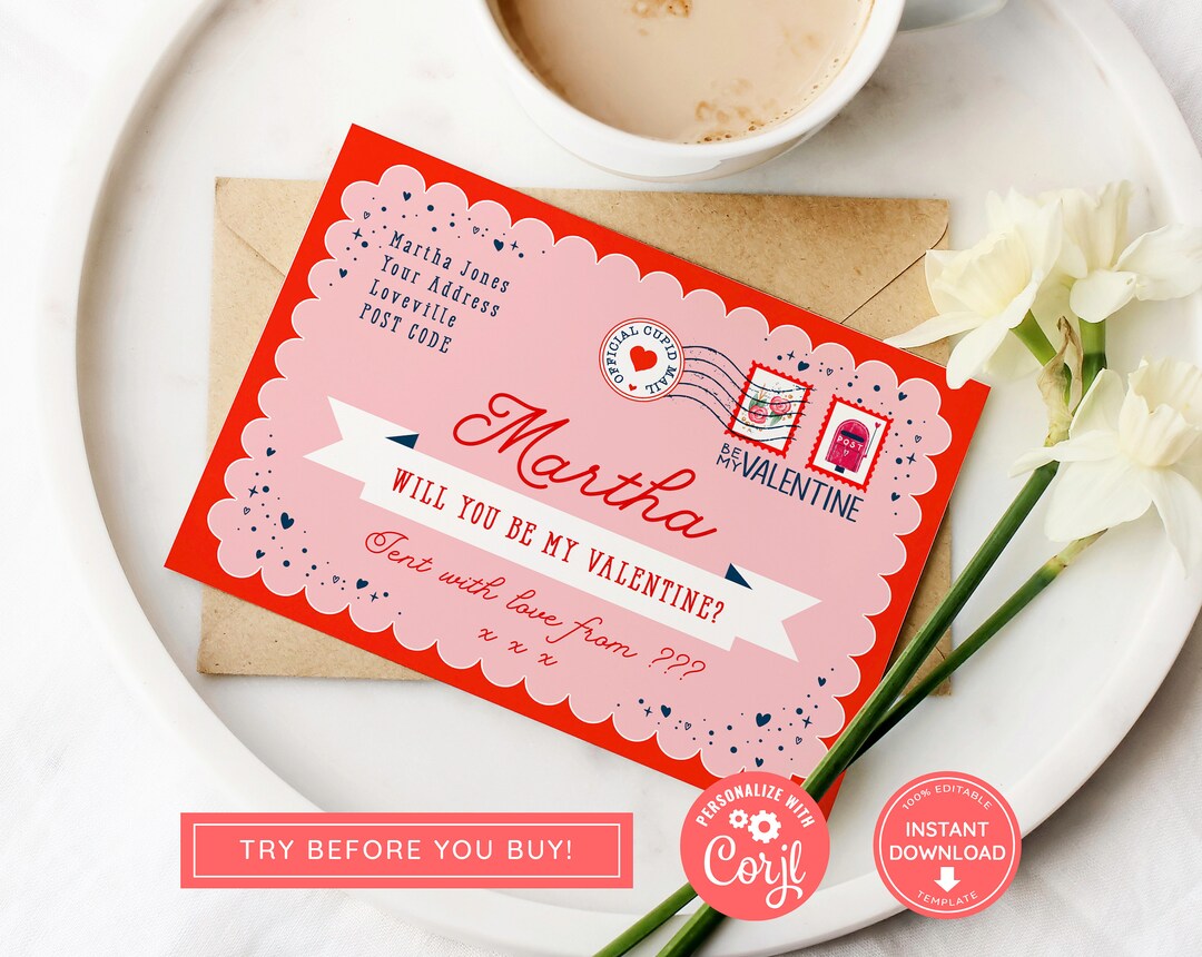 Editable Valentines Day Postcard, Valentines Day Print at Home, Gift ...