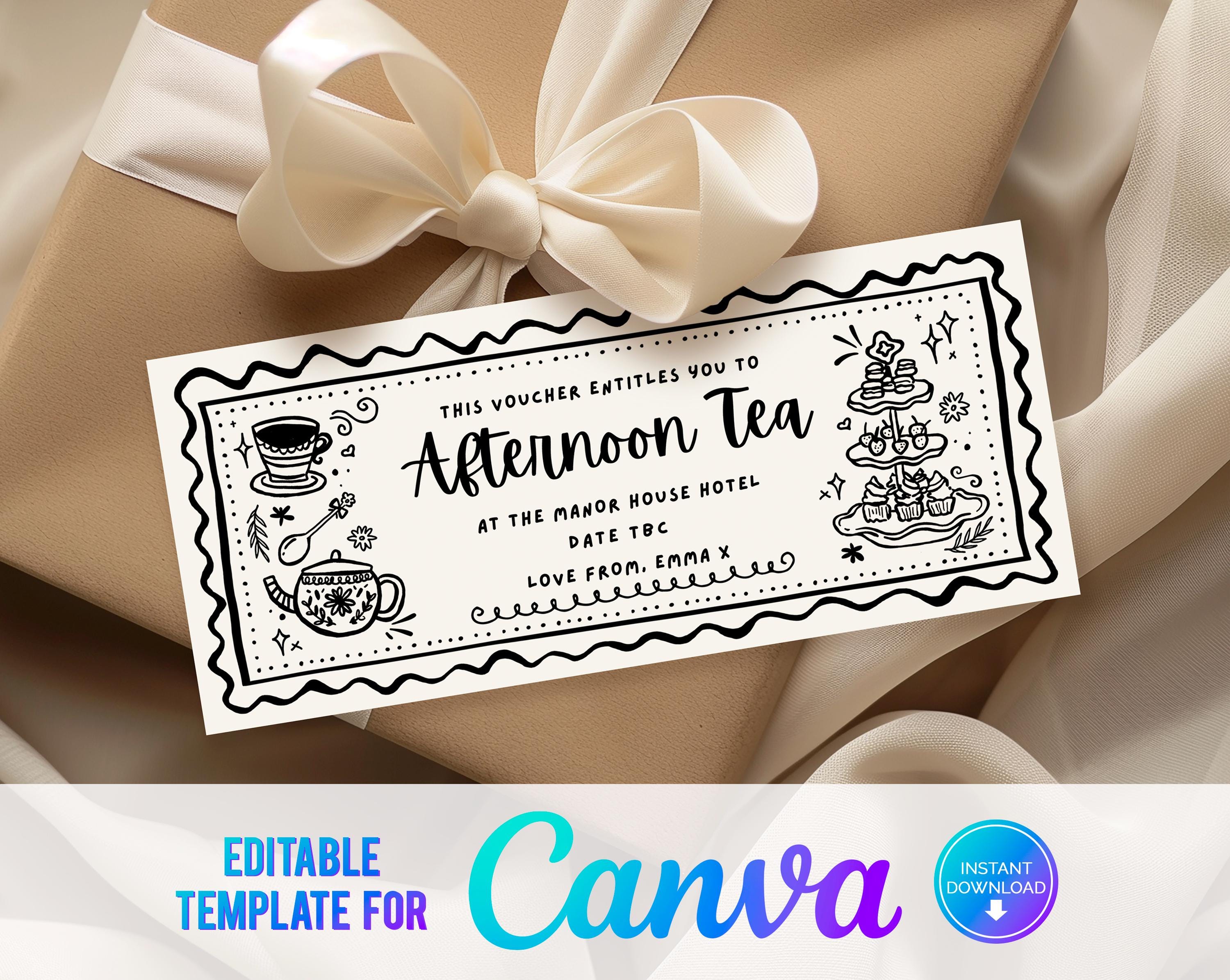 Canva Editable Afternoon Tea Voucher, Print at Home Ticket, Digital ...