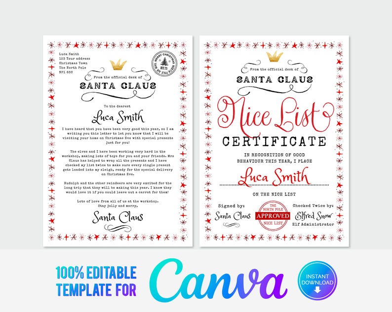 Canva, Santa Letter and Nice List Certificate, Personalised Letter From ...