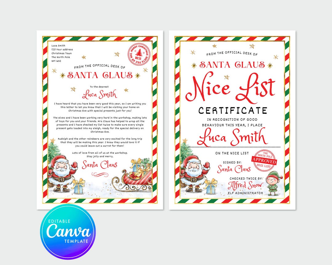 Instant Download Editable Santa Letter and Nice List Certificate ...